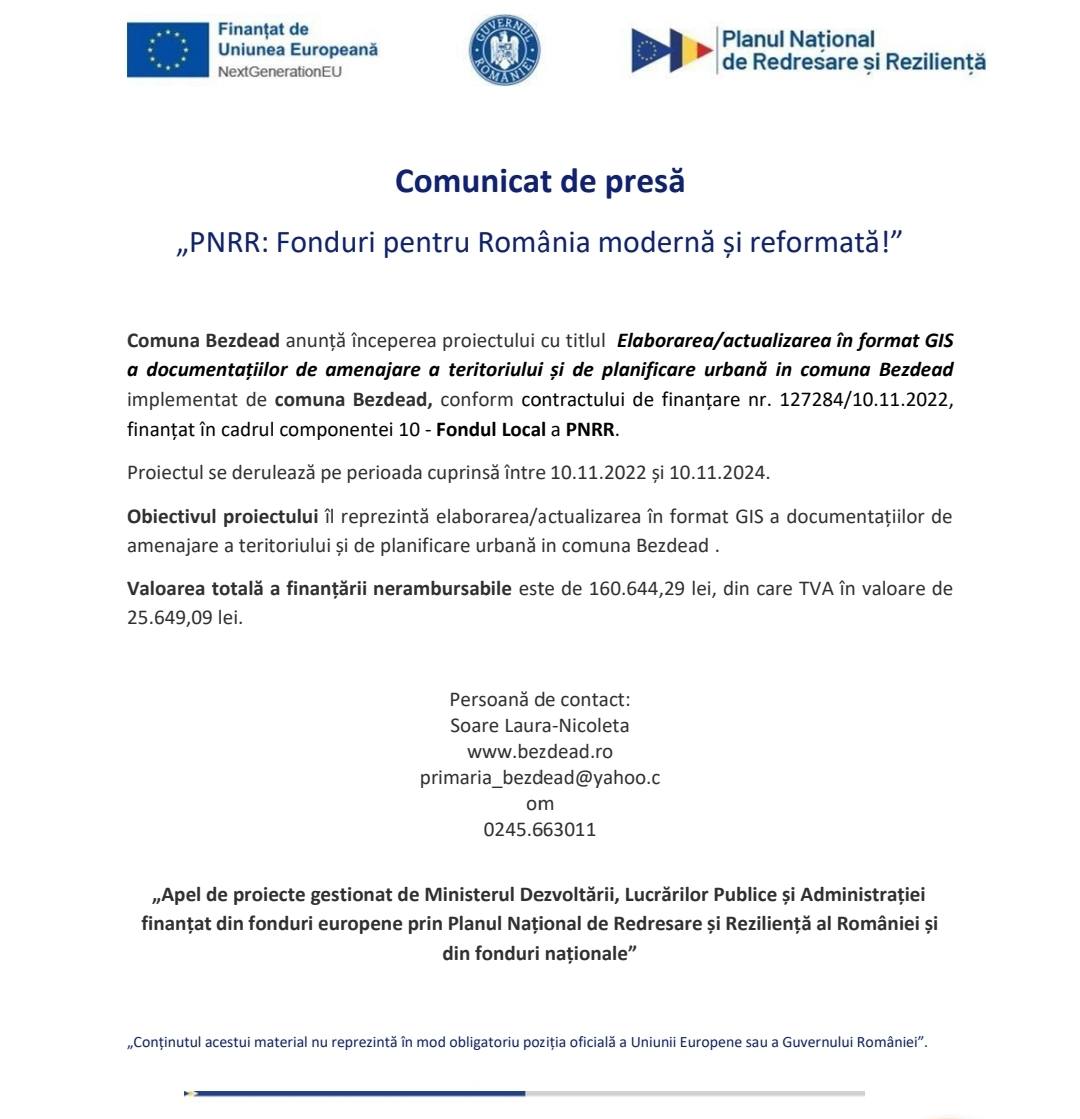 La Bezdead, debutează proiectul "Elaborarea/actualizarea în format GIS ...