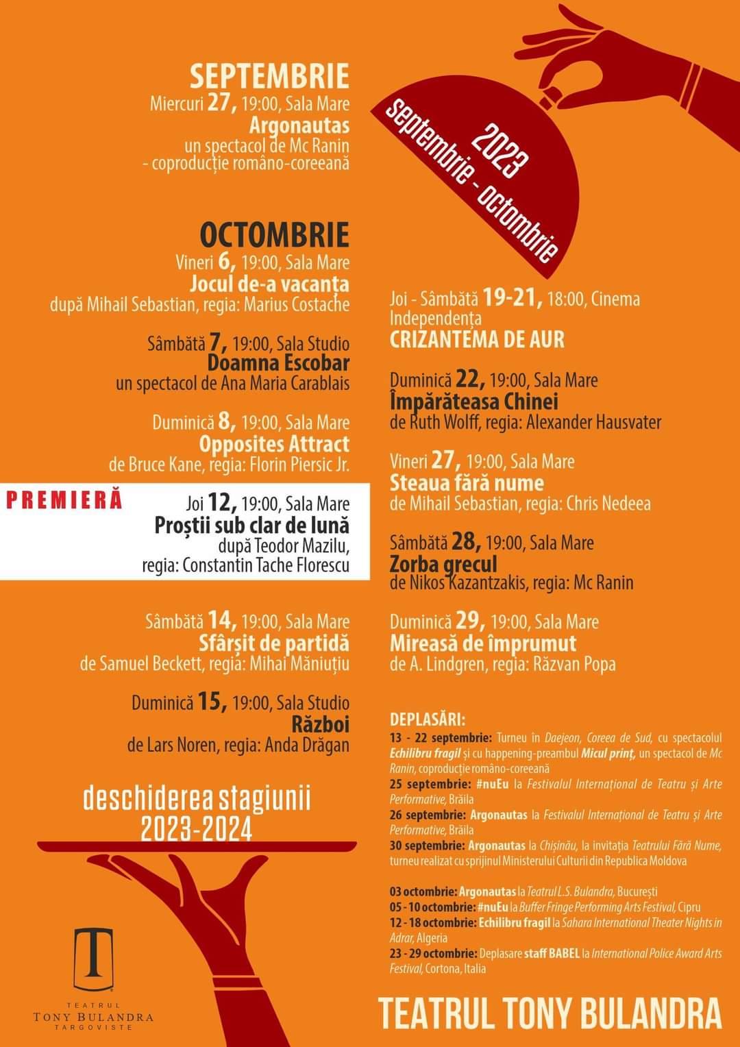 Programul spectacolelor la Teatrul Tony Bulandra, în perioada ...